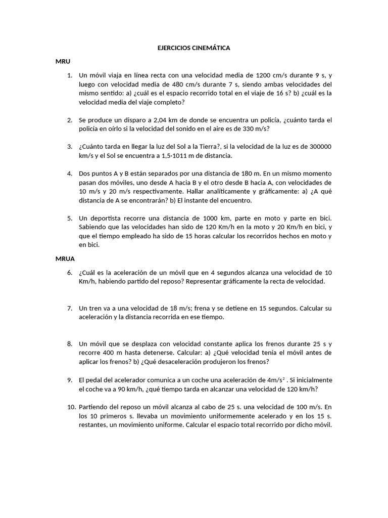 Ejercicios de Cinemática: MRU y MRUA | PDF