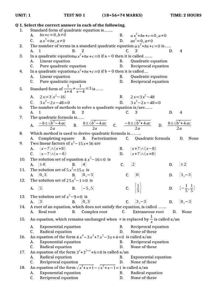 TEST NO 1. CH 1 | PDF | Quadratic Equation | Equations
