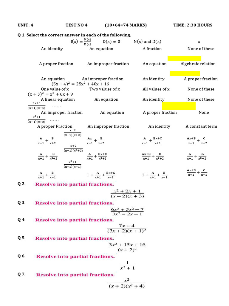 Test No 4 Ch 4 Pdf Equations Mathematics
