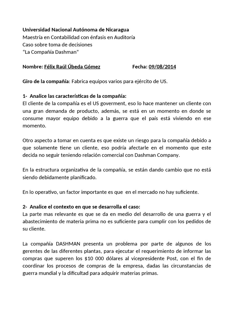 Caso sobre toma de decisiones, La Compañía Dashman | PDF | Toma de decisiones | Economias