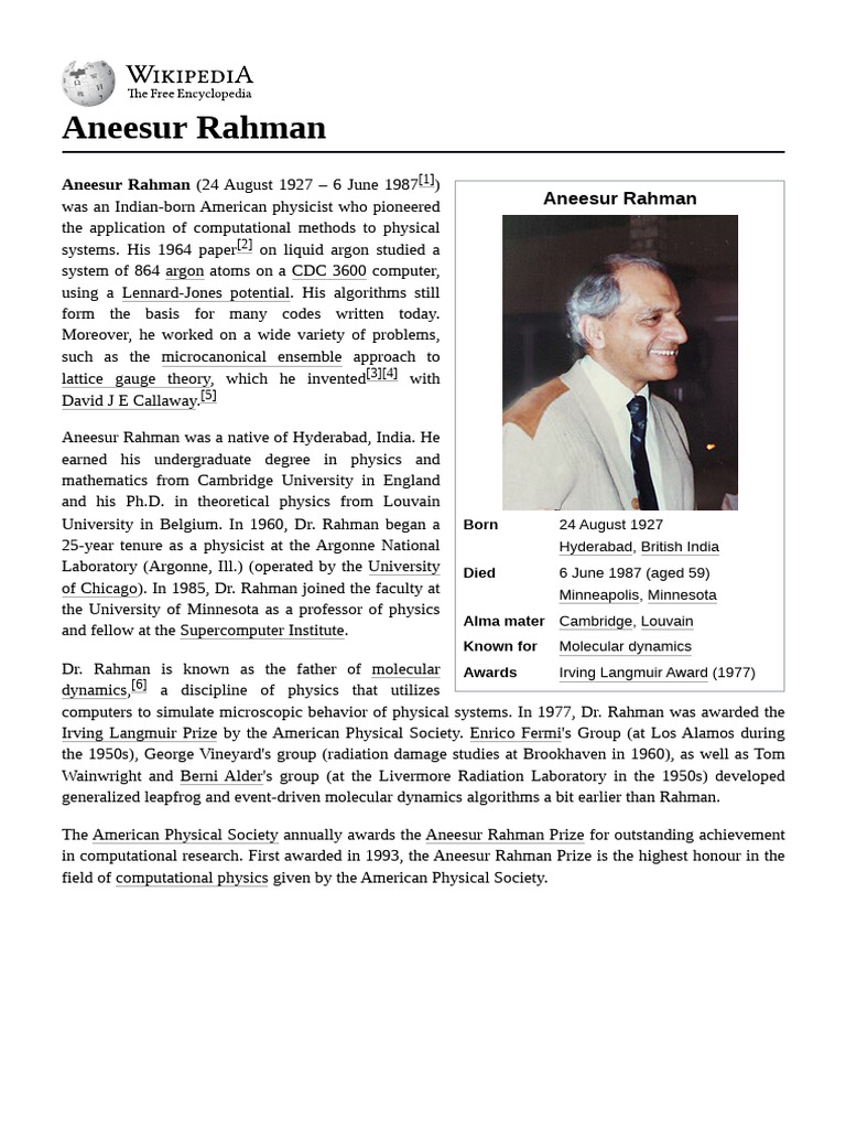 Aneesur_Rahman | PDF | Physics | Physical Sciences