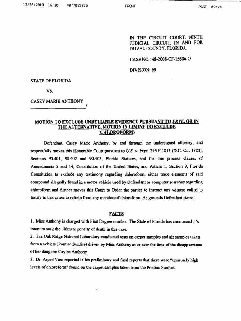 Caylee Anthony-Frye Motion To Exclude - Chloroform (Frye) | PDF