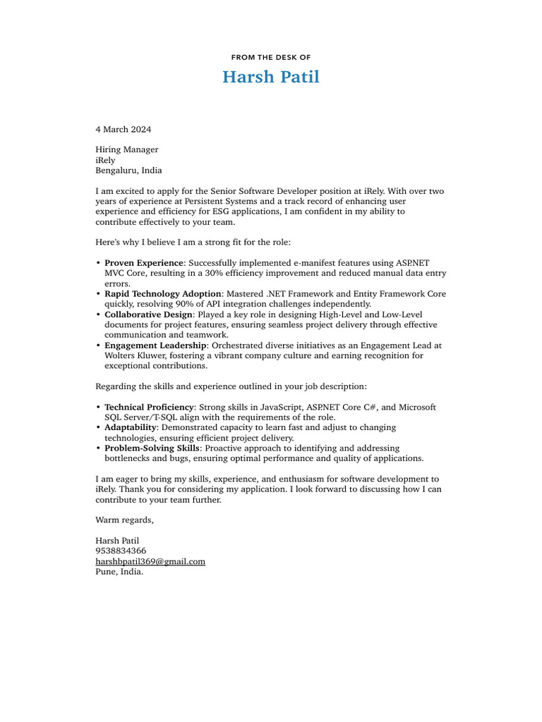 IRely Cover Letter | PDF