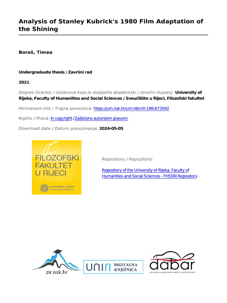 Analysis of Stanley Kubricks 1980 Film Adaptation of The Shining | PDF