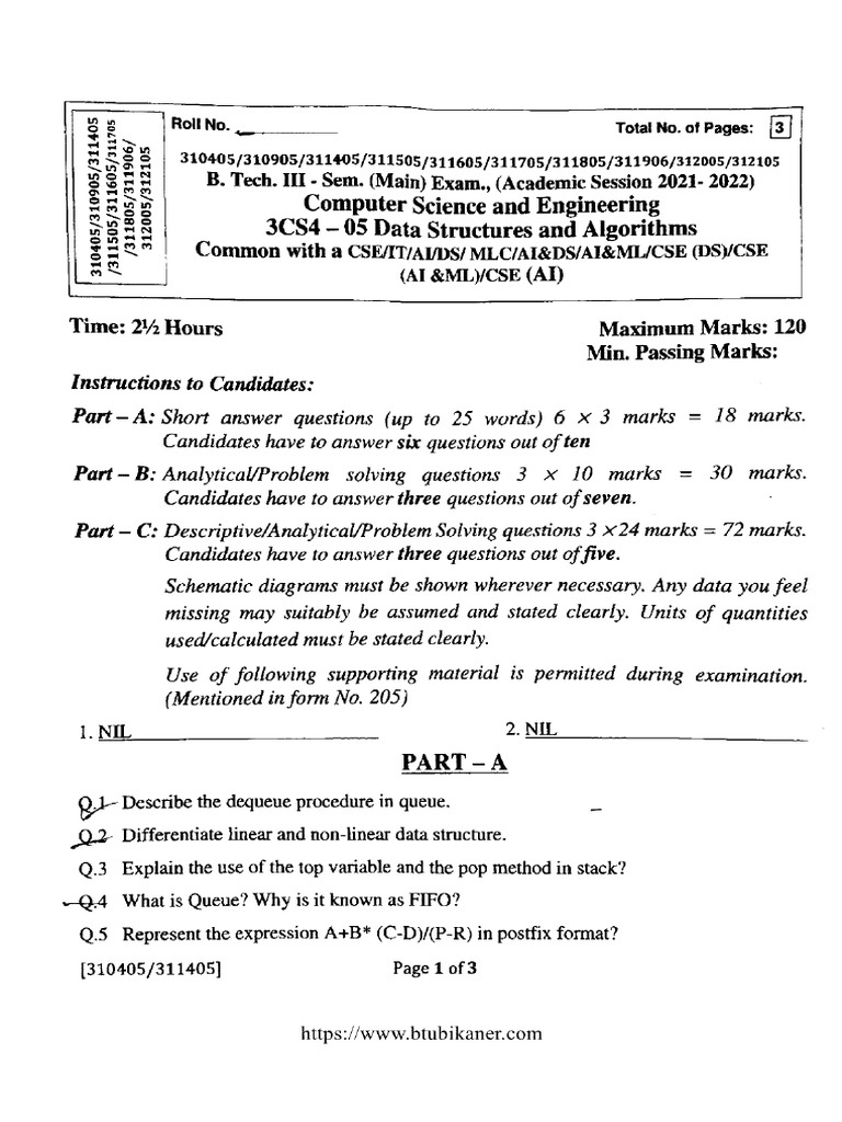 Btech Cs It 3 Sem Data Structures and Algorithms 310405 2022 | PDF