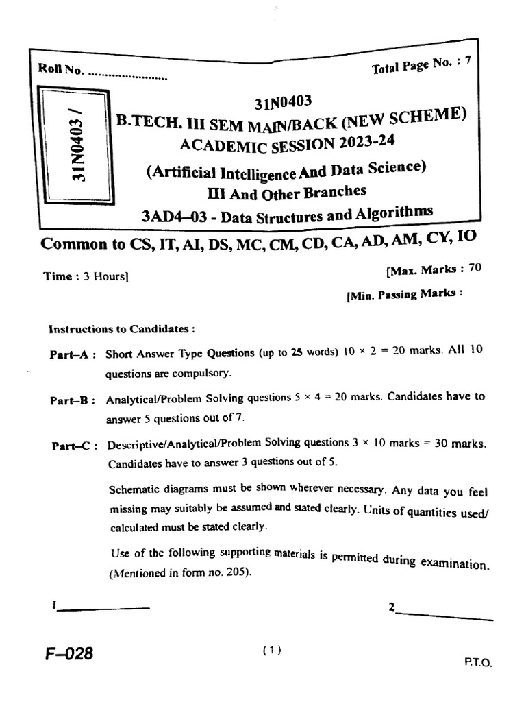 Btech Cs It 3 Sem Data Structures and Algorithms 31n0403 2024 | PDF