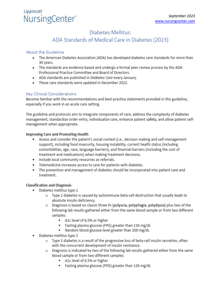 Guideline Summary Diabetes Mellitus ADA Standards 2023 September | PDF ...