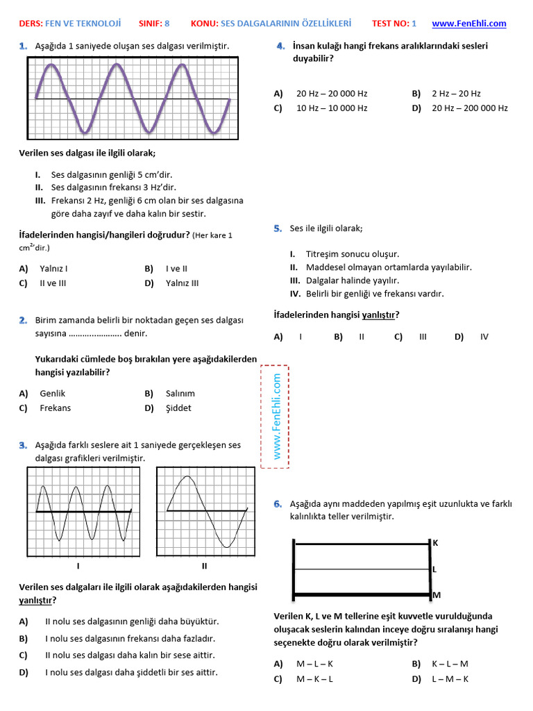 Sınıf Fen Bilimleri Ses Dalgalarının Özellikleri Yaprak Test 1 | PDF