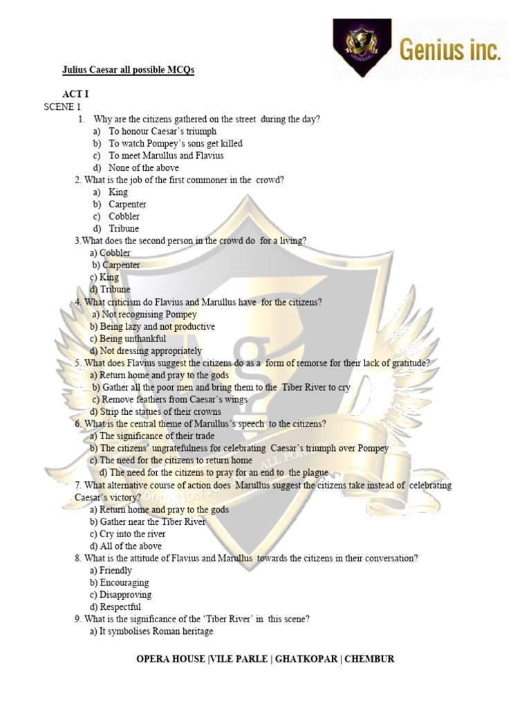 JC Compiled MCQs Act 1 sc1 - Act 2 sc4 | PDF | Mark Antony | Julius Caesar