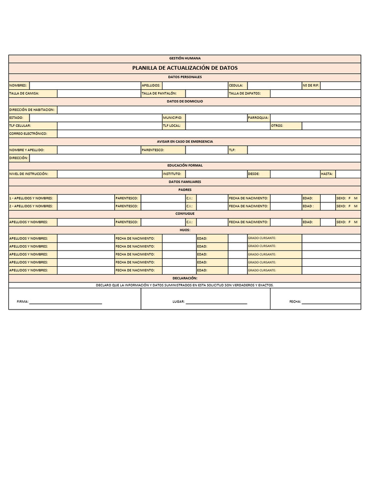 Planilla Actualizacion de Datos | PDF