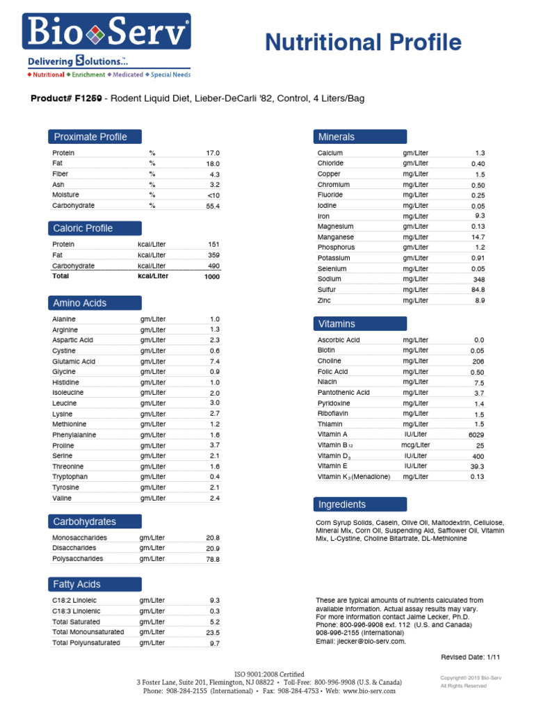 Rodent Liquid Diet, Lieber-DeCarli '82, Control | PDF | Nutrition ...