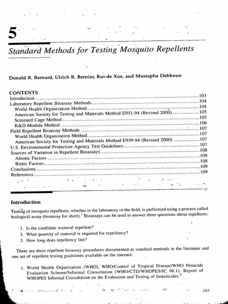 Standard Methods for Mosquito Repellent Testing | PDF | Assay | Pesticide