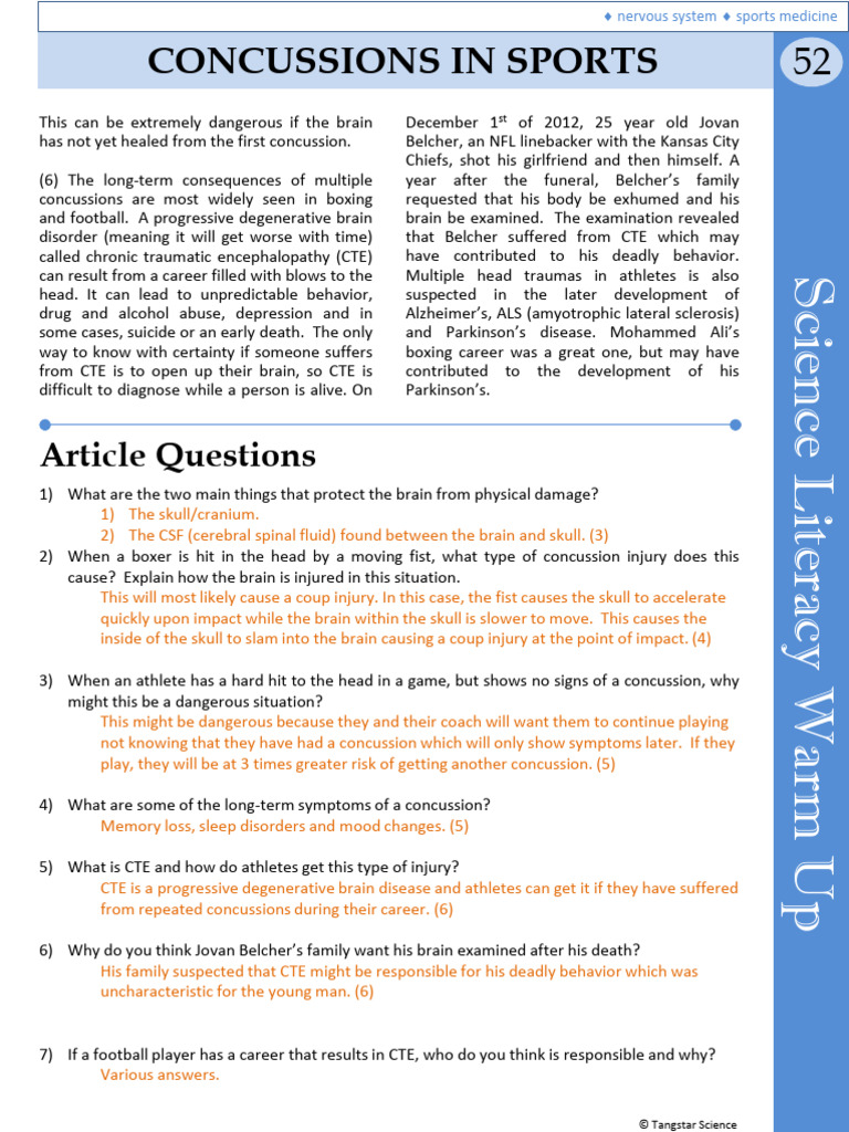 Science Reading Article 52 - Concussions and Sports - Answer Key | PDF ...