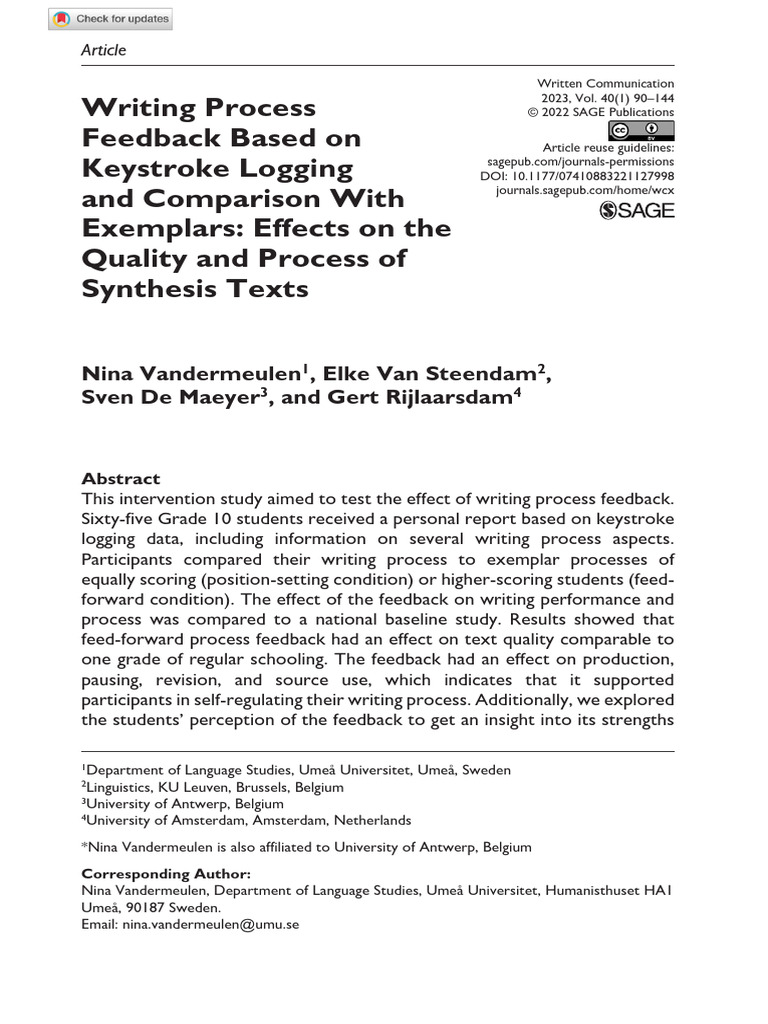 Vandermeulen Et Al 2022 Writing Process Feedback Based On Keystroke Logging and Comparison With ...