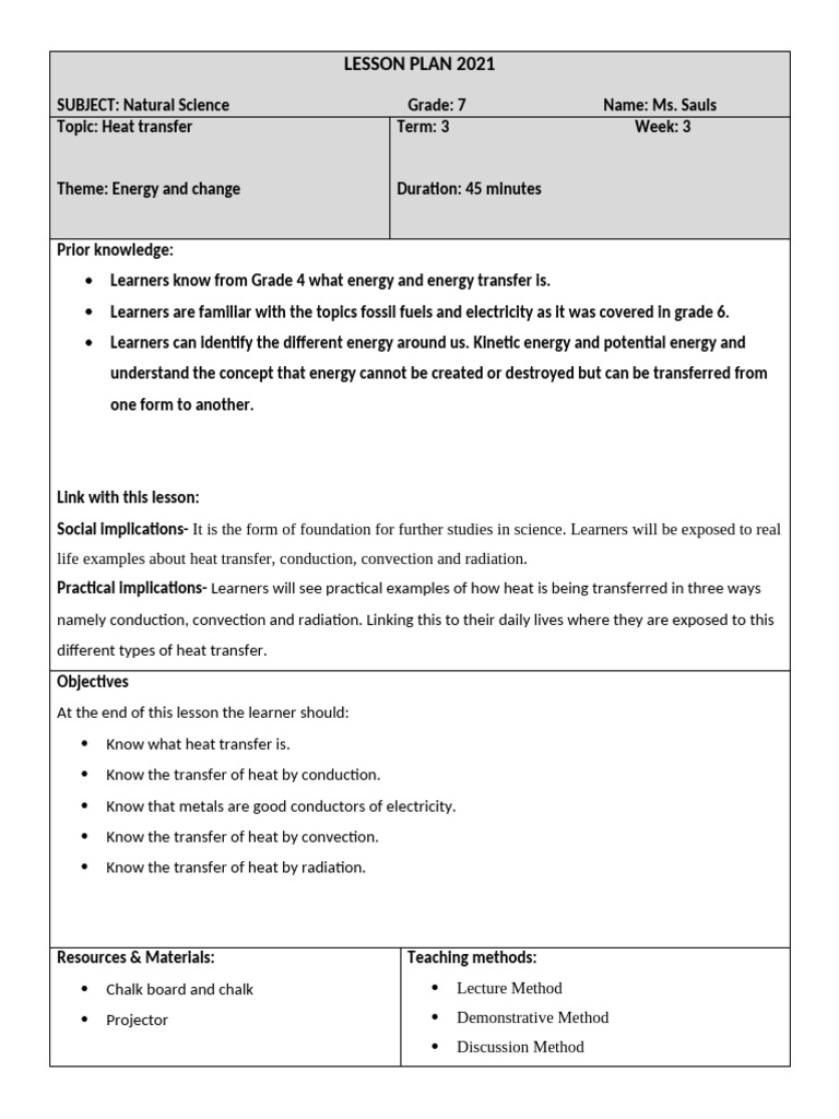 Natural science lesson plan 16 August 2021 | PDF | Heat | Heat Transfer