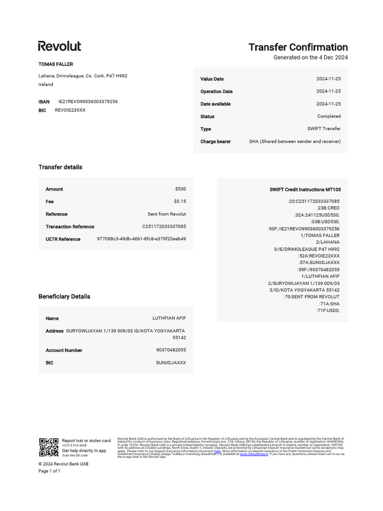 Revolut Transfer Confirmation Details | PDF | Banks | Financial Services