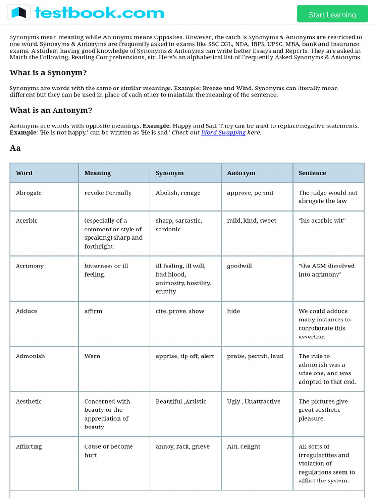 500+ Synonyms and Antonyms PDF List With Words, Meanings | PDF