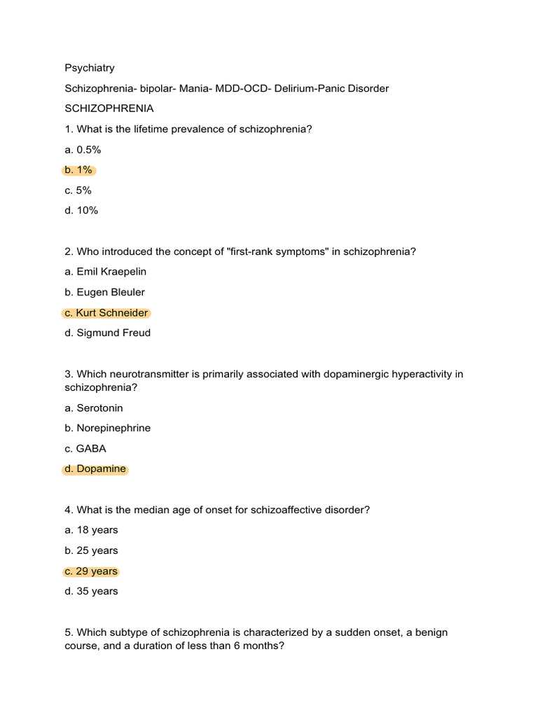 Psychiatry Mcqs Key | PDF