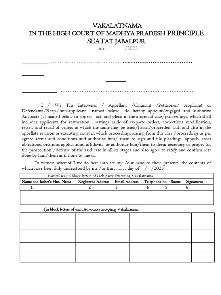 Principle Seat: Vakalatnama in The High Court of Madhya Pradesh at ...