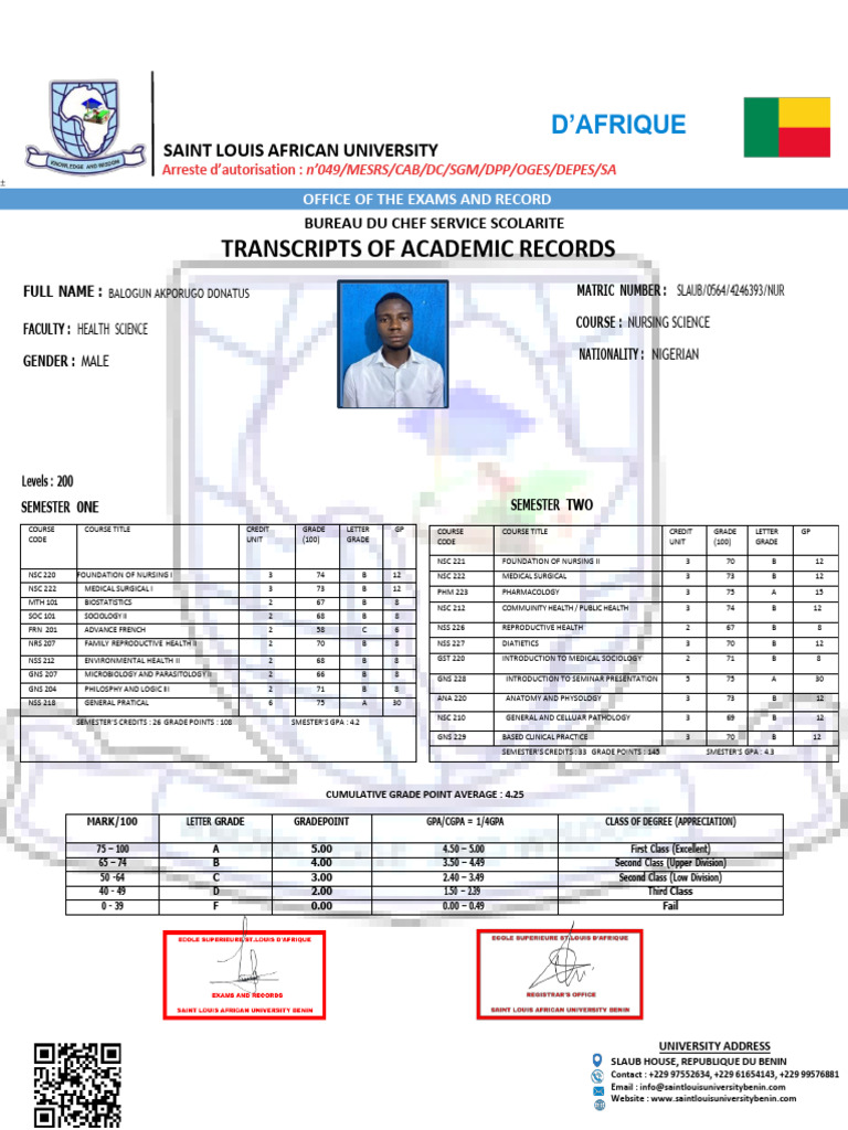 TRANSCRIPTS OF ACADEMIC RECORDS OF BALOGUN AKPORUGO DONATUS | PDF | Medicine | Educational ...