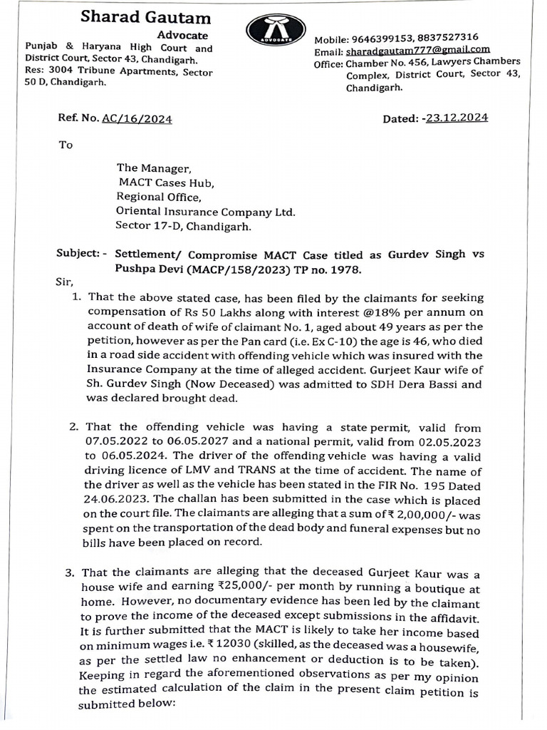 MACT Case Settlement Proposal: Gurdev Singh | PDF | Justice | Crime & Violence