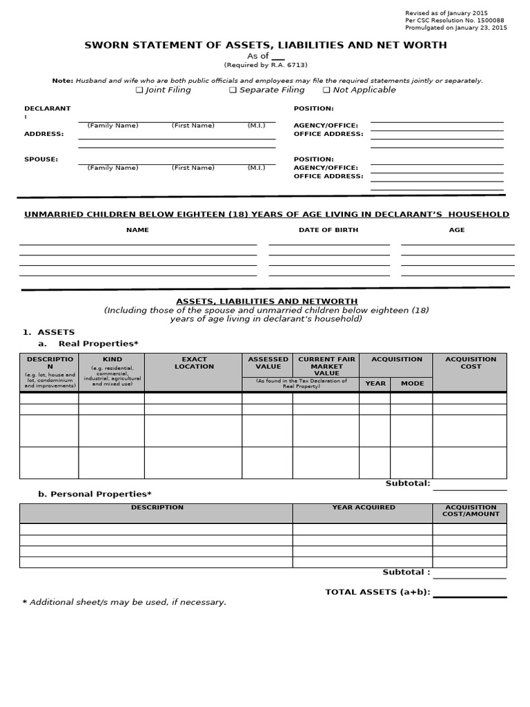 2015 SALN Form | PDF | Net Worth