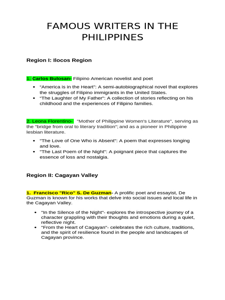 Notable Filipino Writers by Region | PDF | Philippines