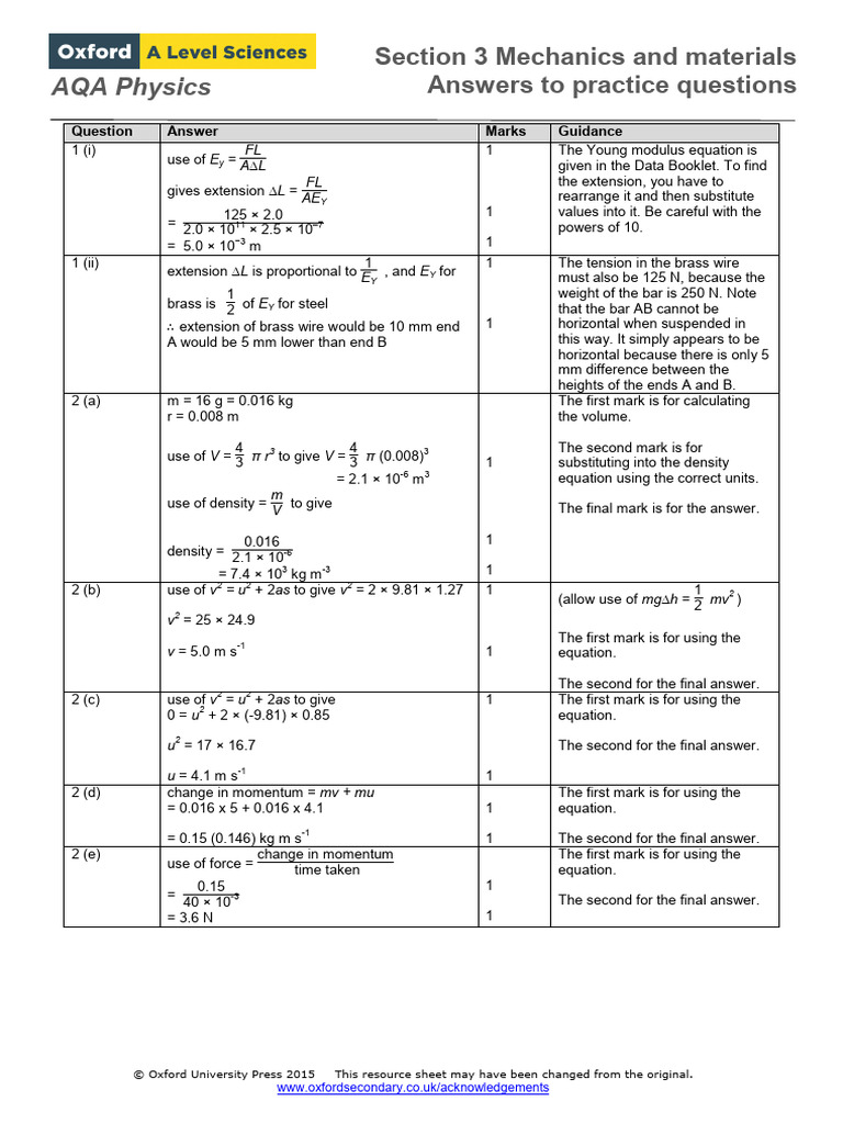 AQA Physics Mechanics Practice Answers | PDF | Force | Continuum Mechanics