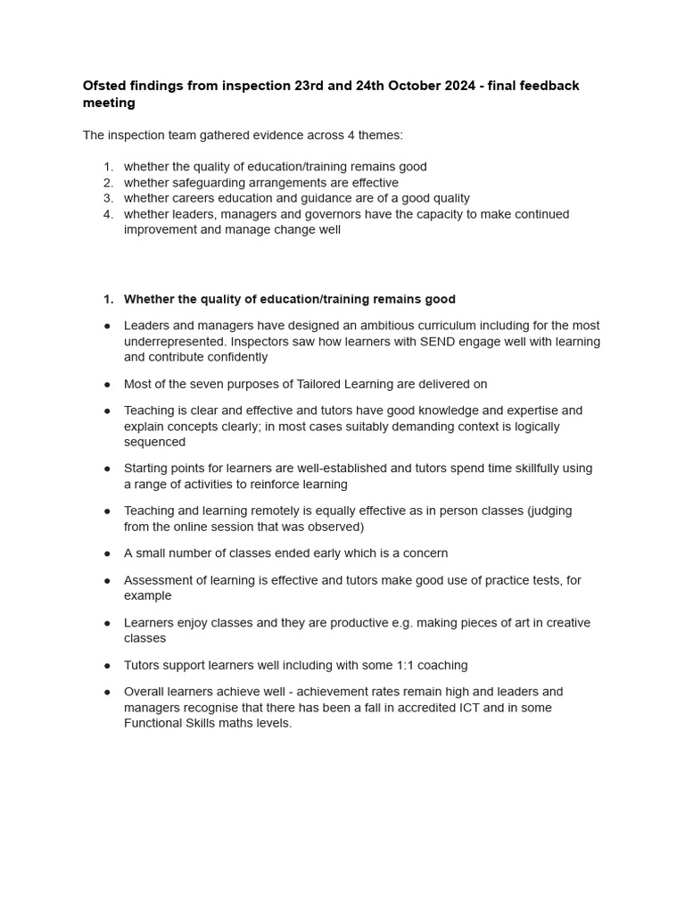 Ofsted Findings From Inspection 23rd and 24th October 2024 - Final ...