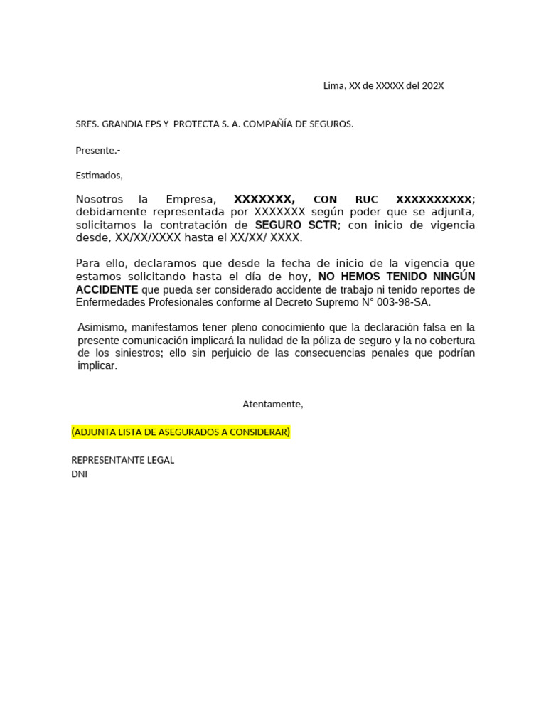 Modelo Carta de No Siniestros SCTR 2024 | PDF