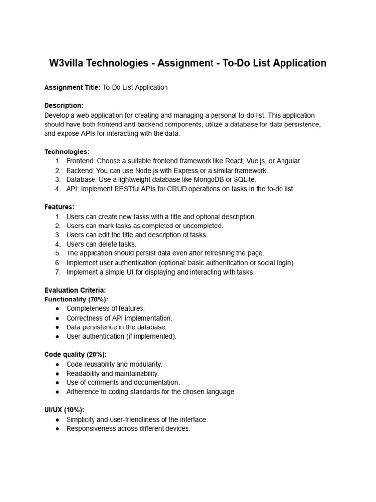 W3villa Technologies - Assignment - To-Do List Application | PDF | Databases | Software