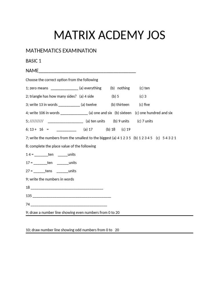 Basic Mathematics Exam for Kids | PDF