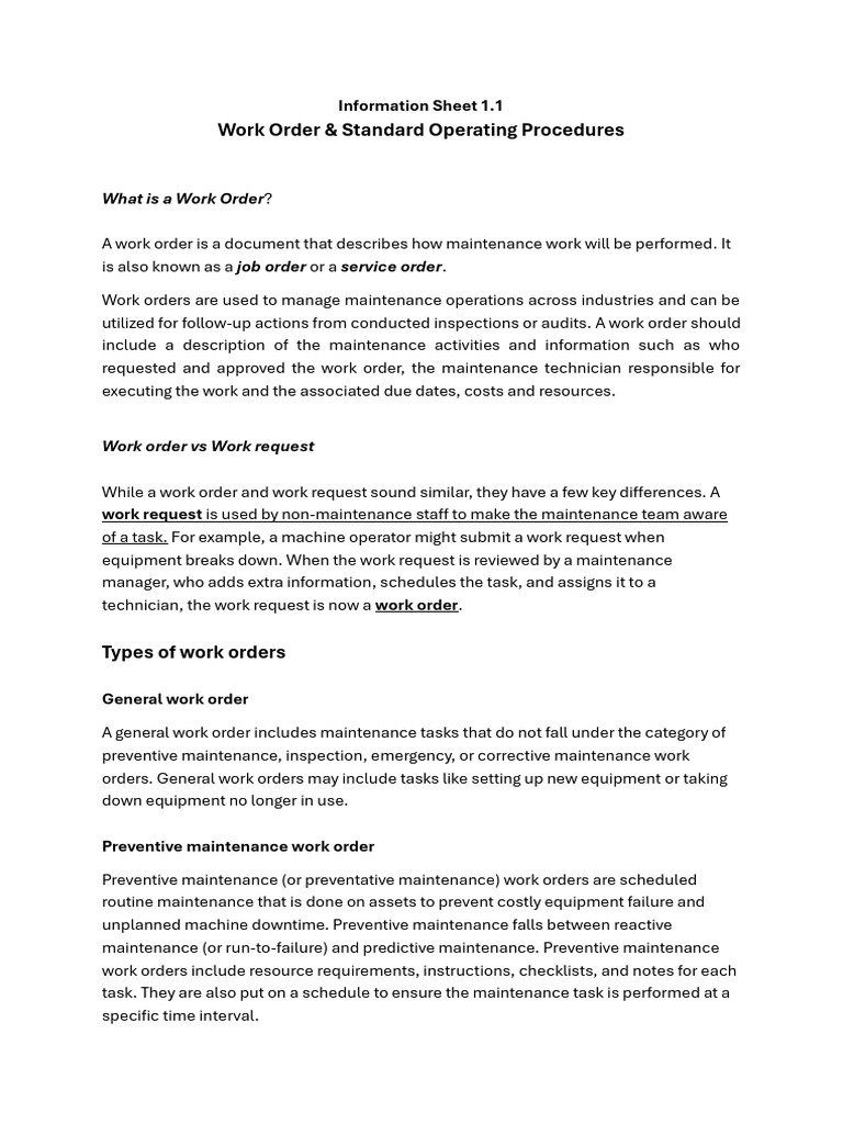 Information Sheet 1.1 - Work Order & Standard Operating Procedures | PDF