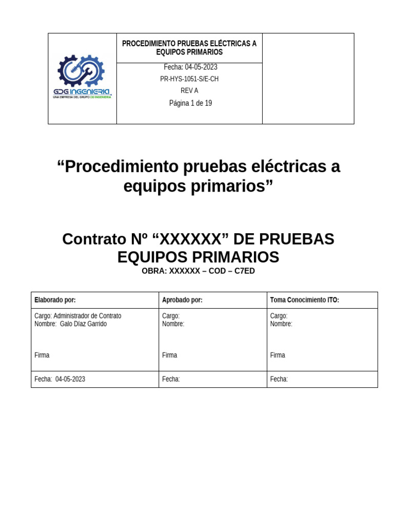 PROCEDIMIENTO PRUEBAS ELÉCTRICAS A EQUIPOS PRIMARIOS (Rev. A) | PDF | Aislador (Electricidad ...