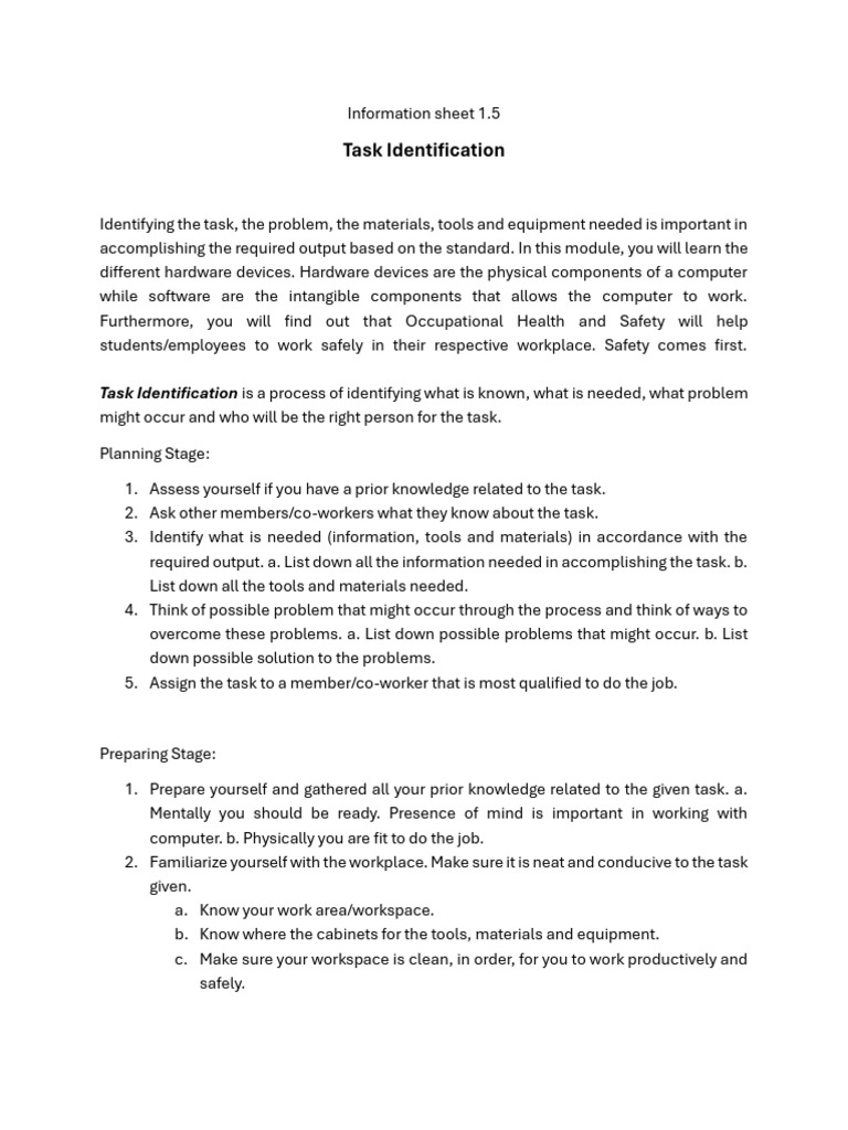 Information Sheet 1.5 - Task Identification | PDF | Information | Computing