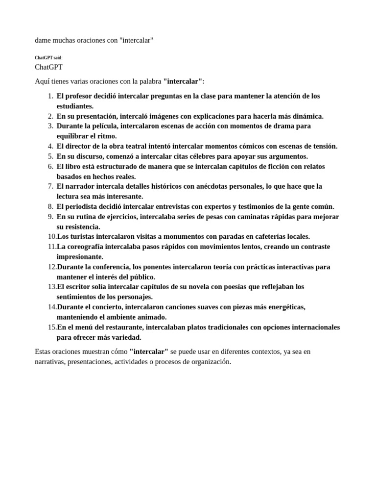 Ejemplos de Uso de "Intercalar" | PDF