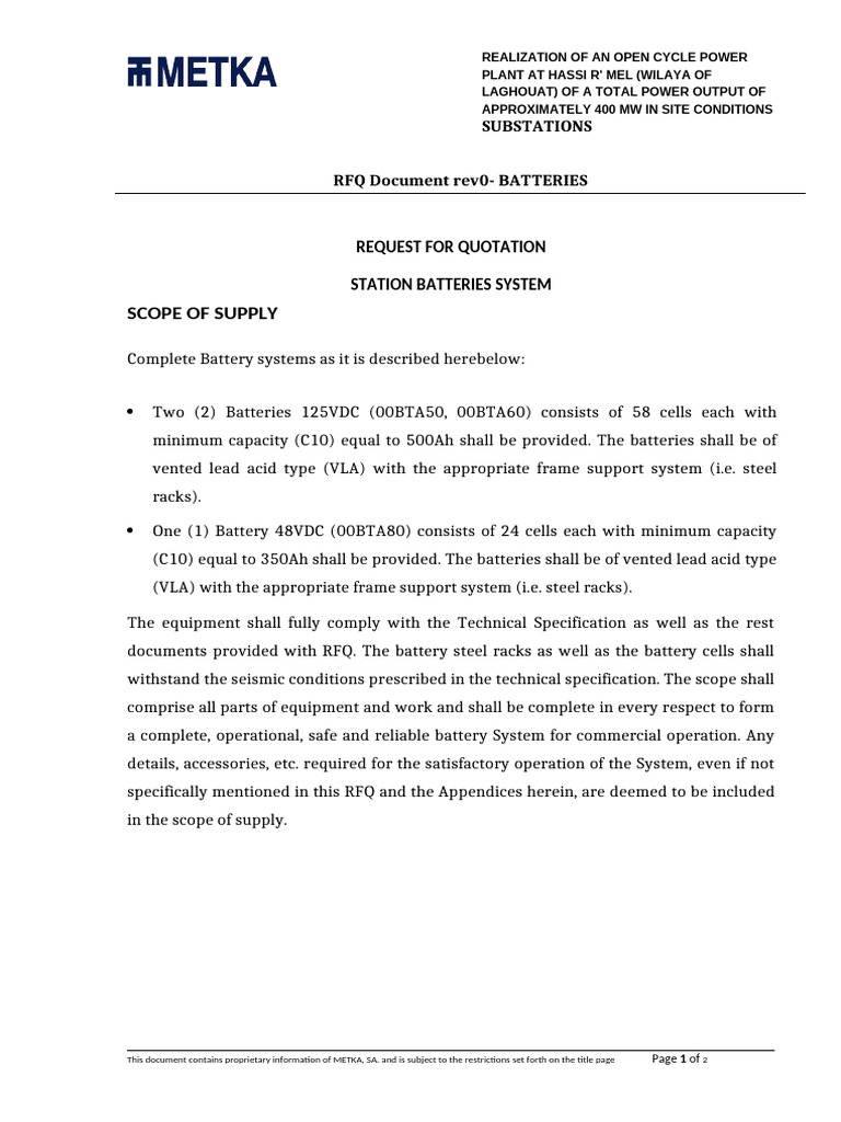 RFQ Document Rev0 (Batteries) | PDF | Power (Physics) | Energy Storage