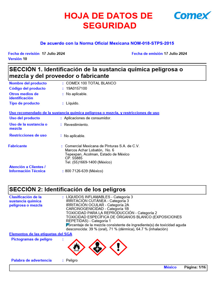 Seguridad - Pintura Comex 100 Total | PDF | Solubilidad | Agua