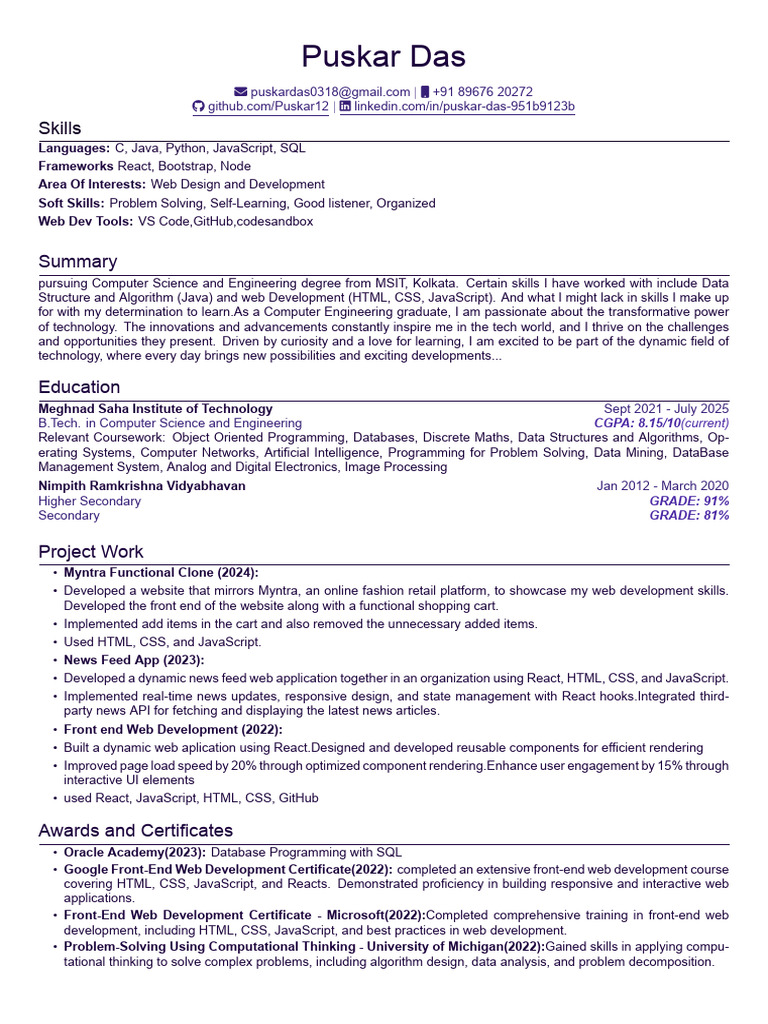 Puskar Das Resume | PDF | Web Development | World Wide Web