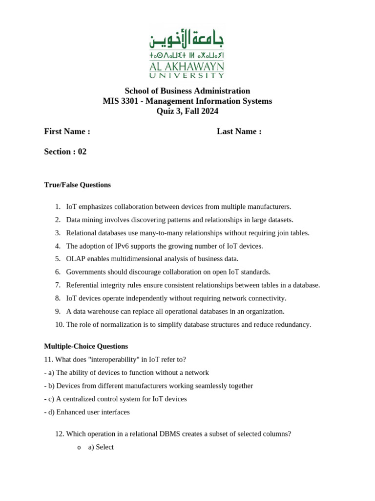 Quiz 3_section 2 | PDF | Databases | Internet Of Things