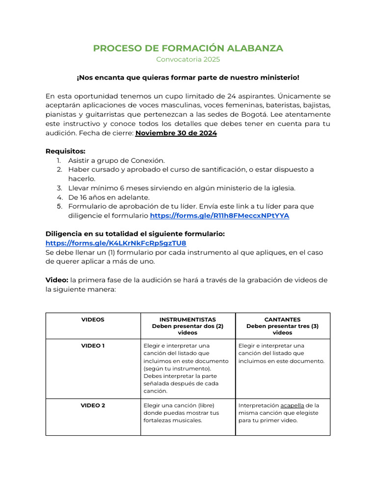 Instructivo Proceso de Formaci Oacute N Alabanza 2025.01-1 | PDF