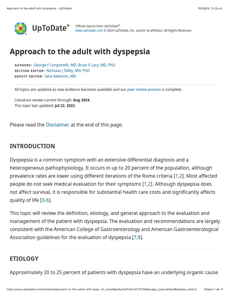 Approach to the adult with dyspepsia - UpToDate | PDF | Indigestion | Gastroesophageal Reflux ...