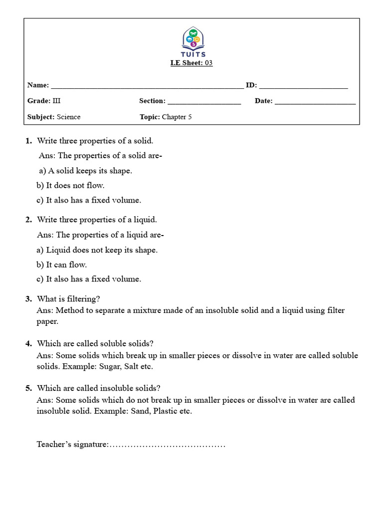 Grade III - Science - I.E. Sheet - 03-1 | PDF