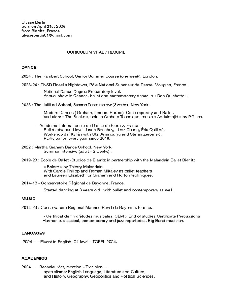 CV Ulysse Bertin 2024 | PDF