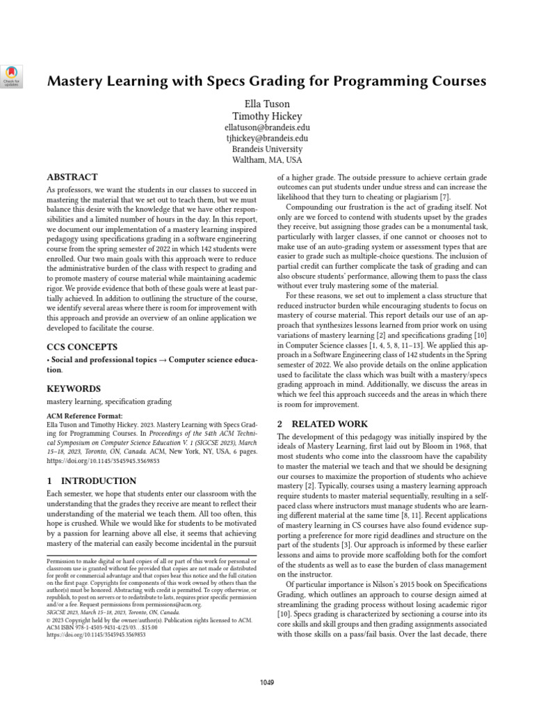 Mastery Learning With Specs Grading For Programming Courses | PDF | Quiz | Association For ...