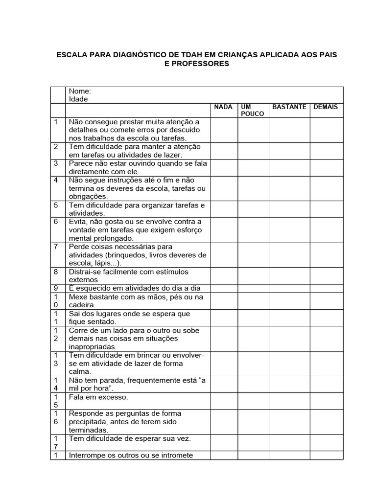 4 Escala para Diagnostico de Tdah em Criancas Aplica Aos Pais e Professores | PDF | Transtorno ...