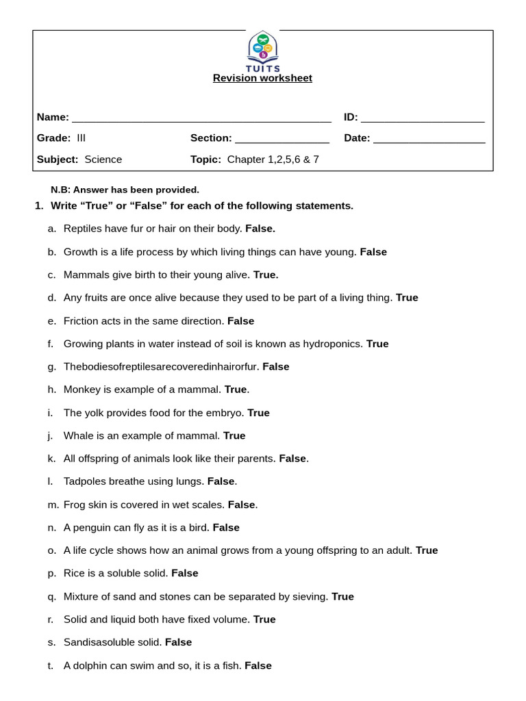 Science Revision Worksheet for Grade III | PDF | Pupa | Reptile