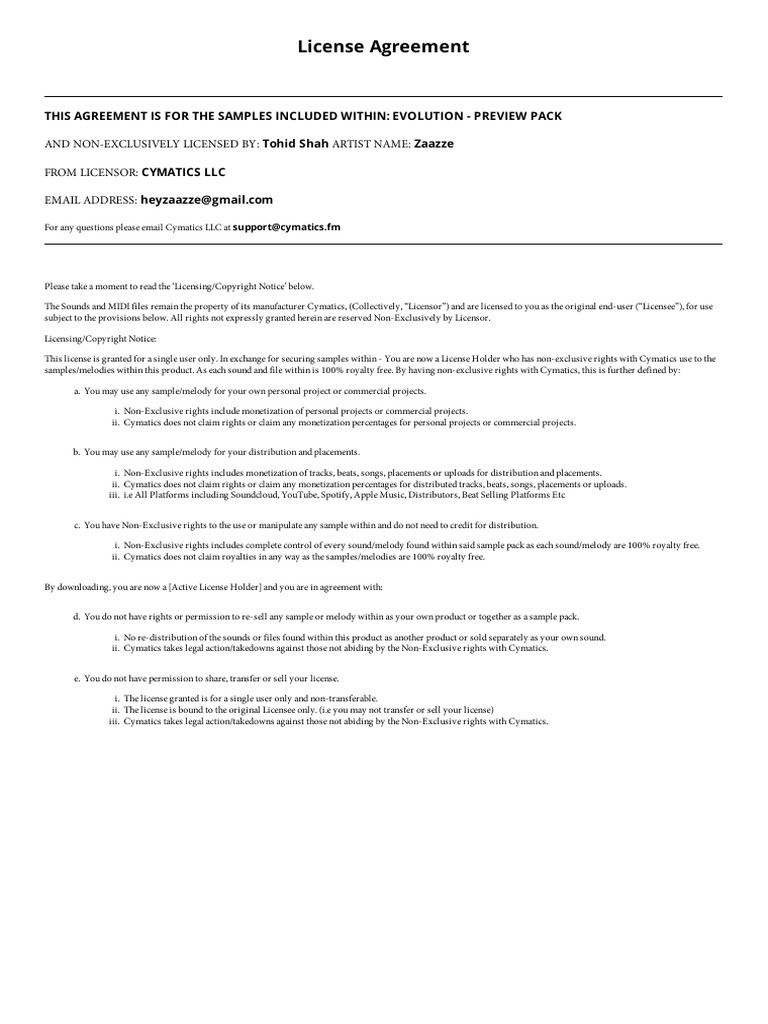 Cymatics Sample Pack License Agreement | PDF | License | Royalty Payment