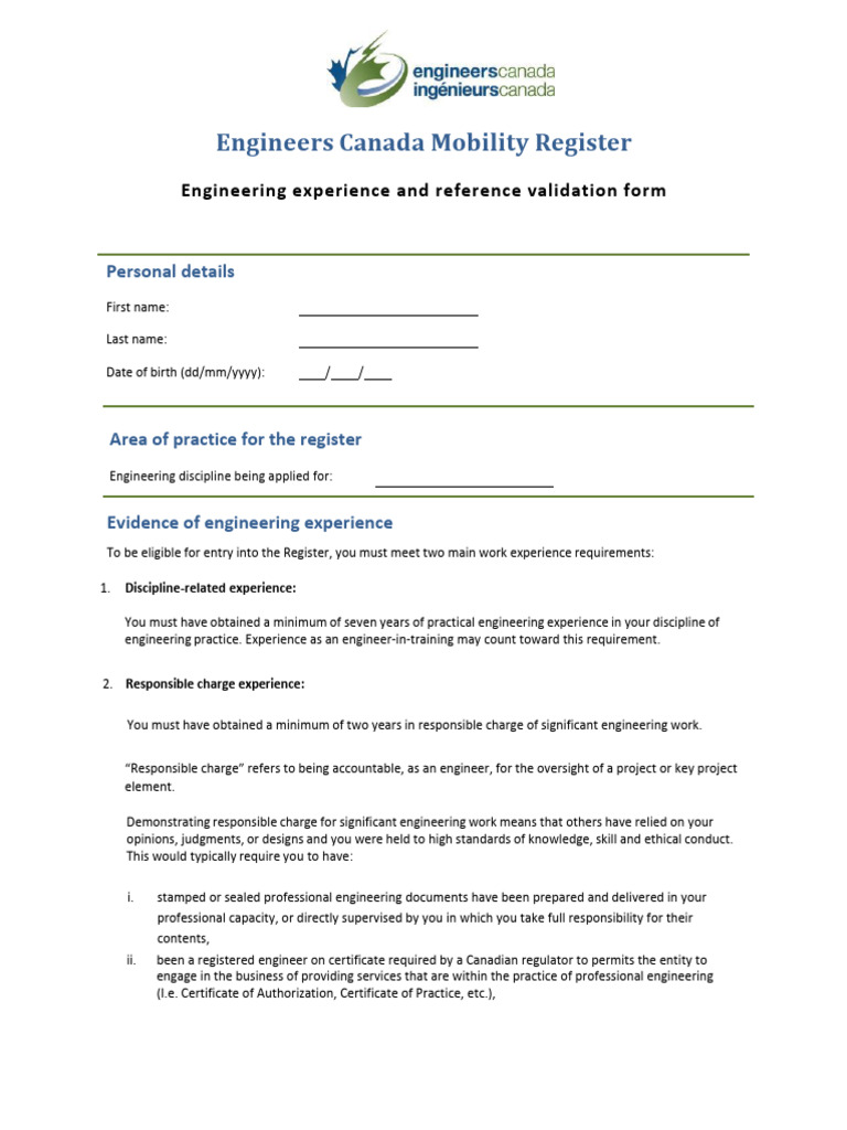 Engineering Experience and Reference Validation Form | PDF | Engineer ...