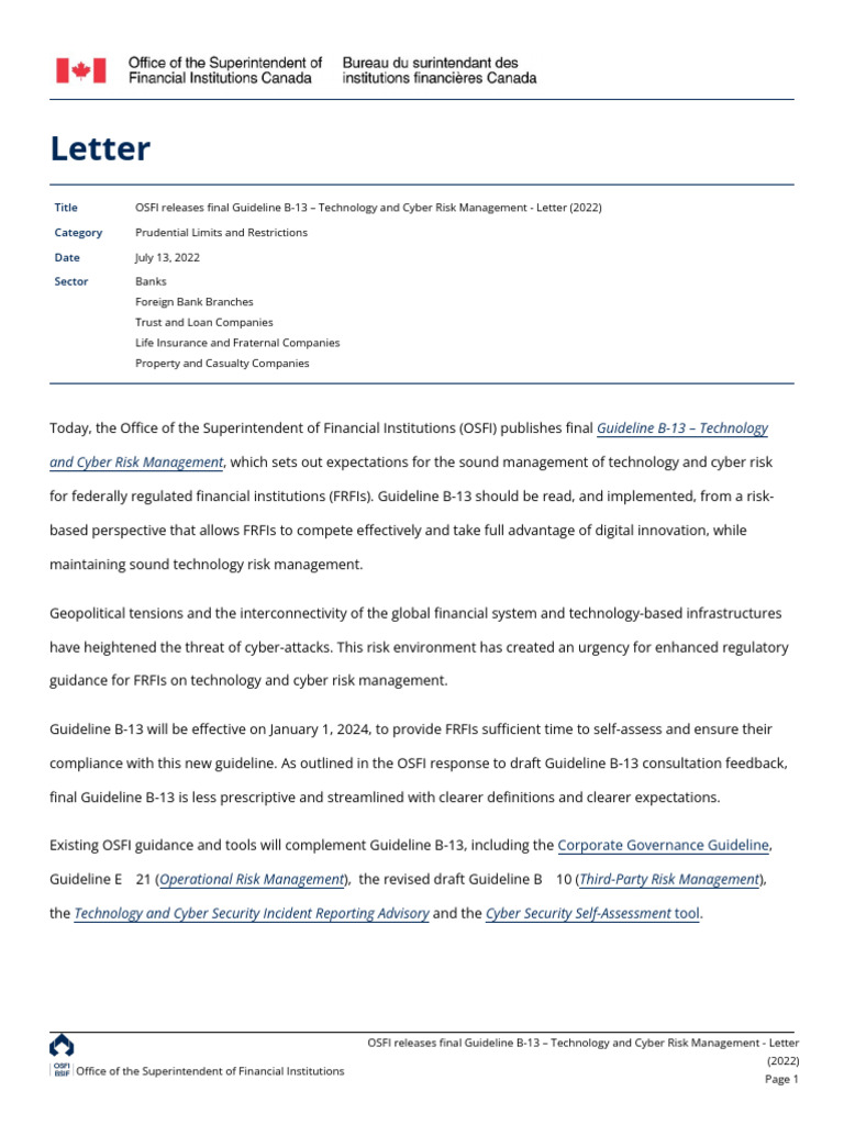 OSFI Releases Final Guideline B13 Technology and Cyber Risk Management ...